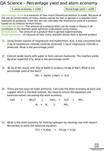 AQA - Quantitative Chemistry - Percentage Yield and Atom Economy ...