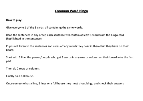 Common Word Bingo 1 | Teaching Resources