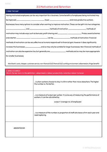 3.5 MOTIVATION AND RETENTION - TOPIC RECAP WORKSHEET | Teaching Resources
