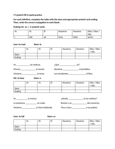 I-Y preterit fill in quick practice | Teaching Resources