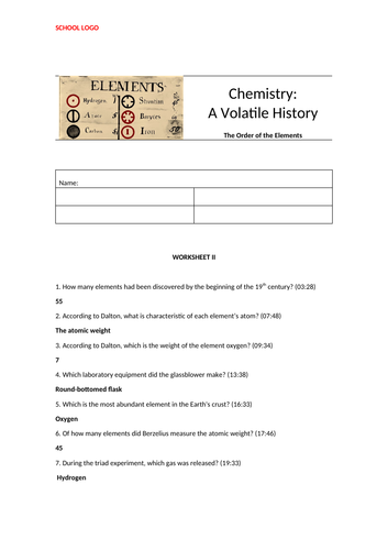 Worksheet "Chemistry: A Volatile History - The Order of the Elements ...