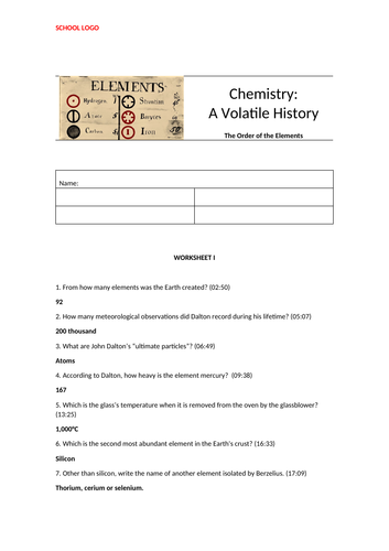 Worksheet "Chemistry: A Volatile History - The Order of the Elements ...