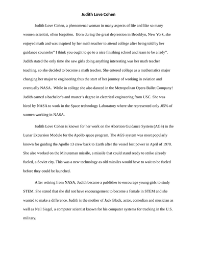 Judith Love Cohen Remembering Great Women of STEM | Teaching Resources
