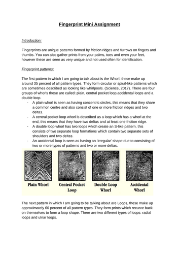 BTEC Forensic Science mini fingerprint assignment | Teaching Resources