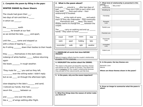 Love and Relationships Anthology - One-Sheet Poetry Revision Worksheets ...