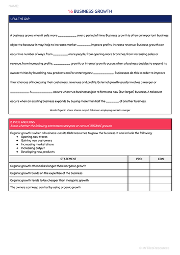 1.6 BUSINESS GROWTH - TOPIC RECAP WORKSHEET | Teaching Resources