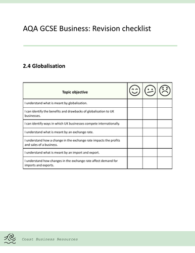 AQA GCSE Business Topic 2: Influences on business Revision Checklist ...