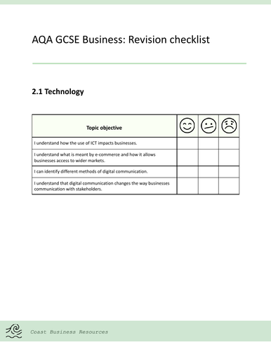 AQA GCSE Business Topic 2: Influences on business Revision Checklist ...