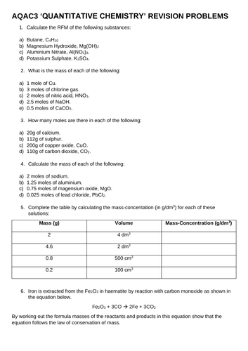 AQA C3 'Quantitative Chemistry' Higher Combined & Triple Problems ...