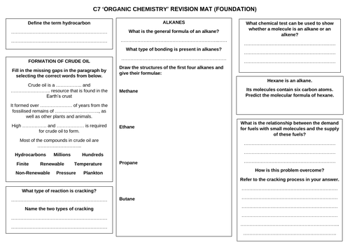 AQA C7 'Organic Chemistry' Revision Mat (Foundation) | Teaching Resources