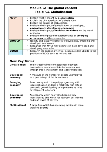 Key Topic Sheet - Globalisation - Edexcel Economics A | Teaching Resources