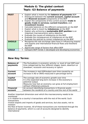 Key Topic Sheet - Balance of Payments - Edexcel Economics A | Teaching ...