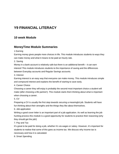 Year 9 FINANCIAL LITERACY Unit - based on MoneyTime | Teaching Resources