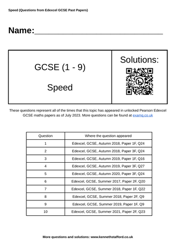 Speed. GCSE Maths Past Paper Questions. | Teaching Resources