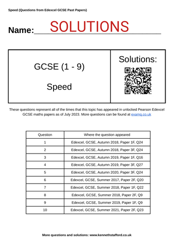 Speed. GCSE Maths Past Paper Questions. | Teaching Resources