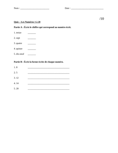 French quizzes Numbers 1 to 20, Être, avoir, faire, aller et venir au ...
