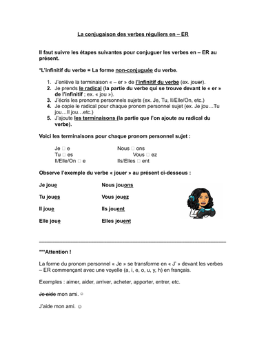 La conjugaison des verbes réguliers en – ER | Teaching Resources