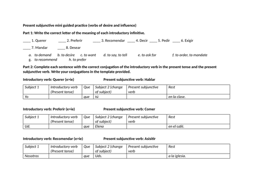Present subjunctive mini guided practice (verbs of desire and influence ...