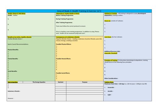 WJEC AOS 1 Health and Well Being Recall Sheet and Answers | Teaching ...
