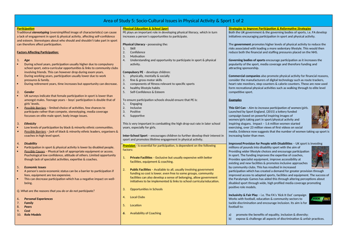WJEC GCSE Area 5 Socio Cultural Recall Sheet and Answers Sheet ...