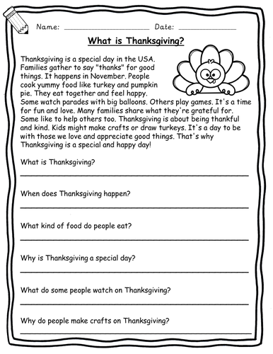Thanksgiving reading comprehensions for young children | Teaching Resources
