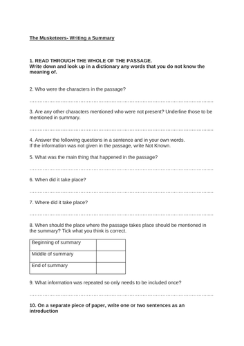 19th and 20th Century Text -Summary Writing | Teaching Resources