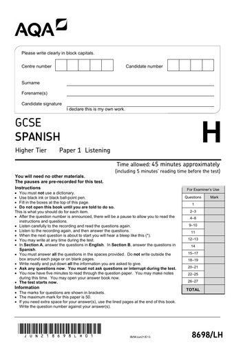 AQA GCSE Spanish Listening Paper (2021, Higher Tier) - Video for self ...