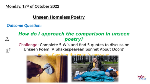KS3 Homelessness Unseen Poetry lesson | Teaching Resources
