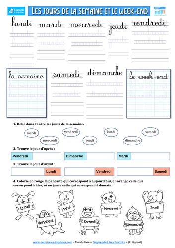 [French] Écriture cursive + exercices : jours de la semaine (Days of ...