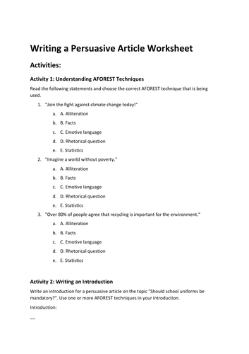 Writing a Persuasive Article Worksheet and Activities | Teaching Resources