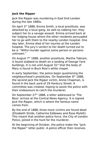 KS3 Jack The Ripper Lessons | Teaching Resources