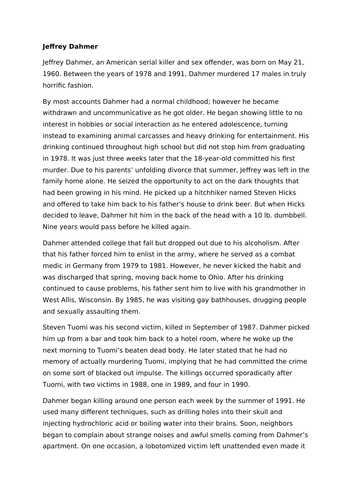 KS3 Crime & Horror - Jeffrey Dahmer Lessons | Teaching Resources