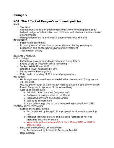 Edexcel A Level History Reagan Notes | Teaching Resources