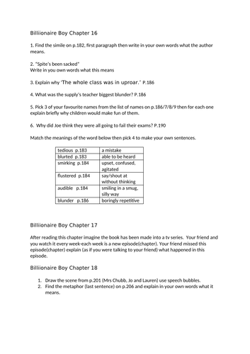 Billionaire Boy comprehension worksheets + creative writing activities ...
