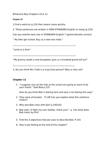 Billionaire Boy comprehension worksheets + creative writing activities ...