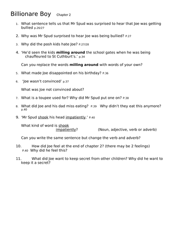 Billionaire Boy comprehension worksheets + creative writing activities ...