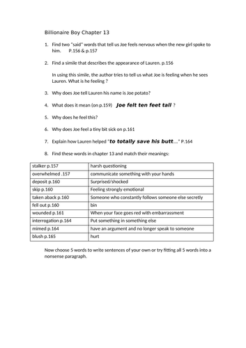 Billionaire Boy comprehension worksheets + creative writing activities ...
