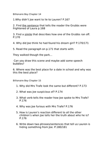 Billionaire Boy comprehension worksheets + creative writing activities ...