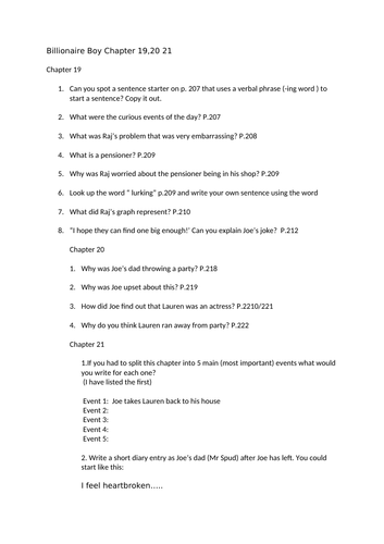 Billionaire Boy comprehension worksheets + creative writing activities ...
