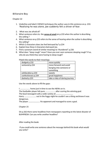 Billionaire Boy comprehension worksheets + creative writing activities ...