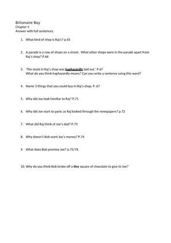 Billionaire Boy comprehension worksheets + creative writing activities ...