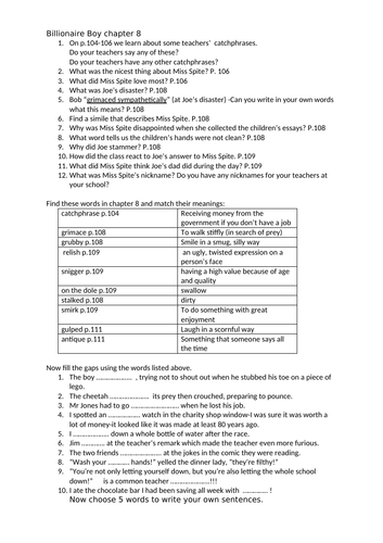 Billionaire Boy comprehension worksheets + creative writing activities ...