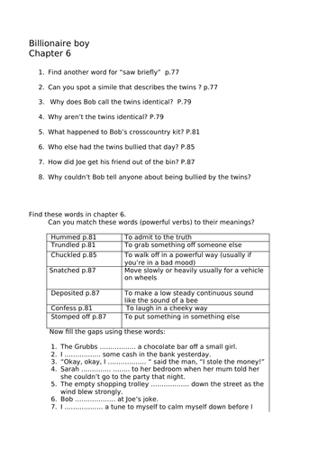 Billionaire Boy comprehension worksheets + creative writing activities ...