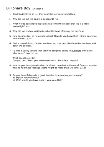 Billionaire Boy comprehension worksheets + creative writing activities ...