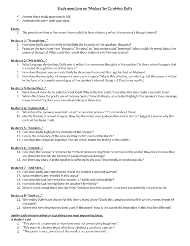 Medusa by Carol-Ann Duffy comprehension questions | Teaching Resources