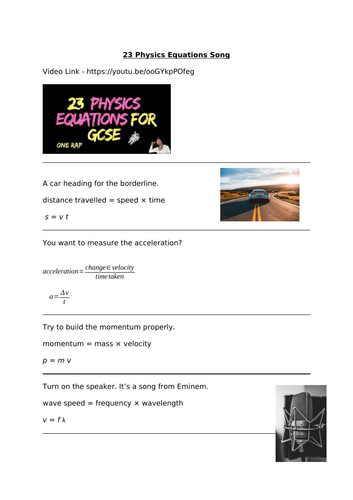 23 Physics Equations song | Teaching Resources
