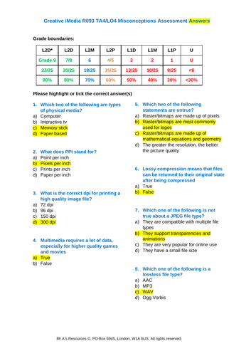 R093 TA4/LO4 End of Unit Misconceptions Assessment | Teaching Resources