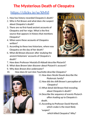 The Mysterious Death Of Cleopatra Video Resource Question Sheet ...