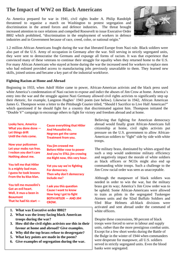 Impact of WW2 on US Civil Rights - Worksheet with questions and ...