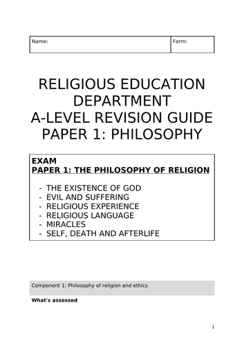 AQA A-Level Religious Studies Philosophy Revision Work Booklet ...